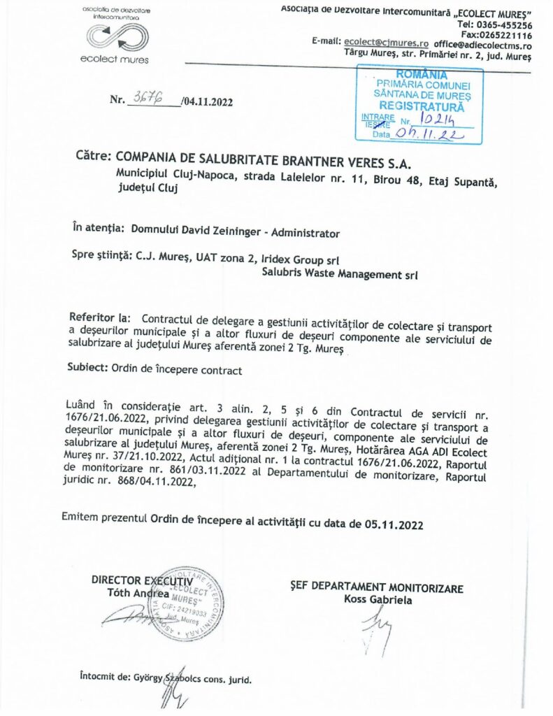 Ordin incepere colectare gunoi - Comuna Santana de Mures
